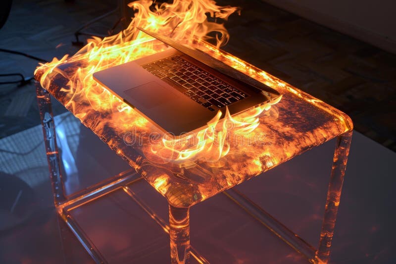 Laptop Computer Catching Fire on Modern Glass Desk Stock Photo - Image ...