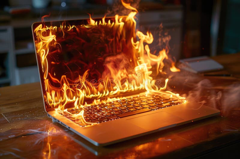 Laptop Computer is Burning on the Table, the Concept of Viruses ...