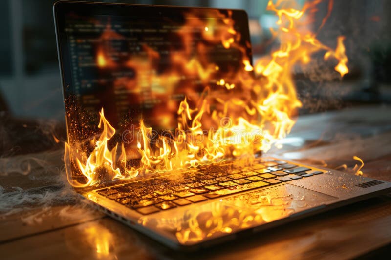Laptop Computer is Burning on the Table, the Concept of Viruses ...