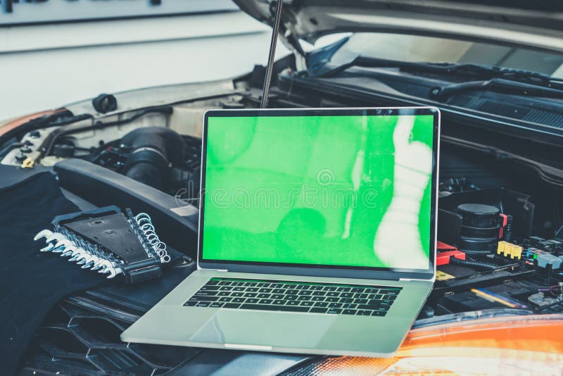 Laptop Computer on Car Hood for Engine Diagnostic Stock Image - Image ...