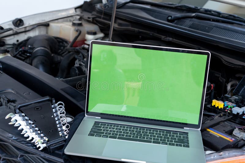 Laptop Computer on Car Hood for Engine Diagnostic. Stock Image - Image ...