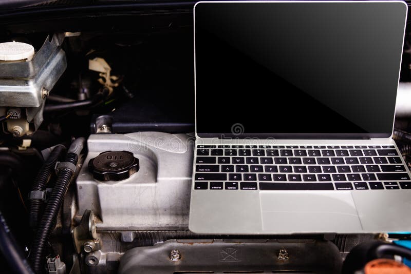 Laptop Computer on Car Mechanic Engine for Service Stock Image - Image ...