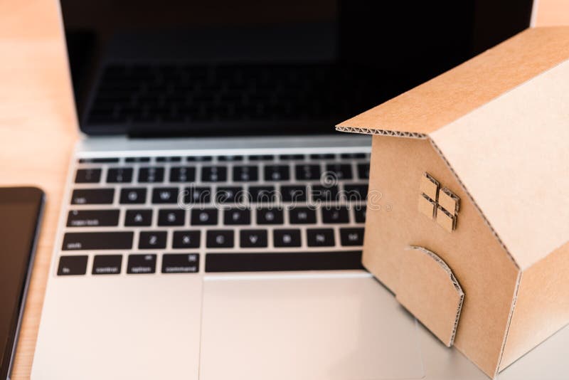 Laptop Computer, Cardboard House and Smartphone Blank Screen Arc Stock ...