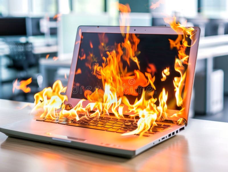 Laptop Computer Catching Fire on a Desk in an Office Stock Photo ...