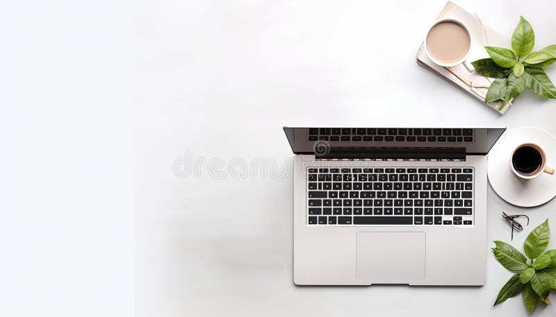 Laptop Computer with Coffee Cup and Plant on White Background, Top View ...