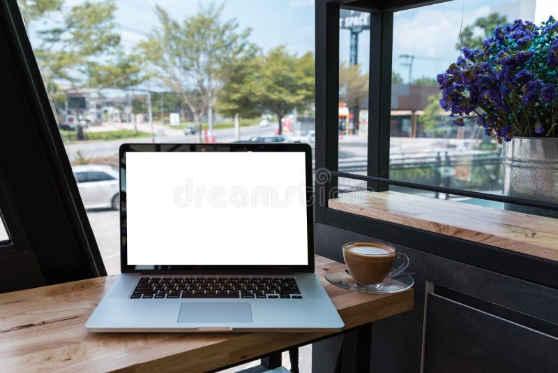 Laptop Computer with Coffee Cup on Wooden Table Stock Photo - Image of ...