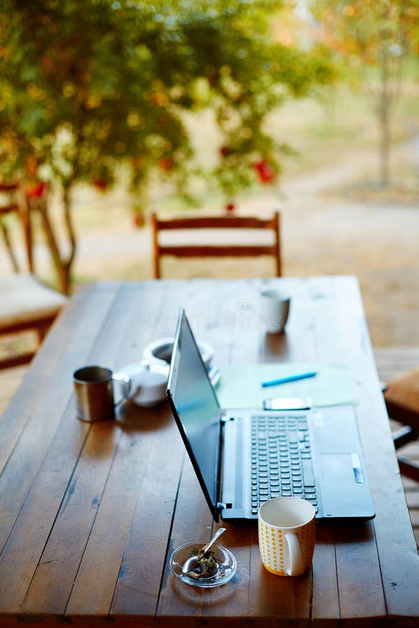 Laptop Computer and Coffee in the Garden Stock Image - Image of outdoor ...