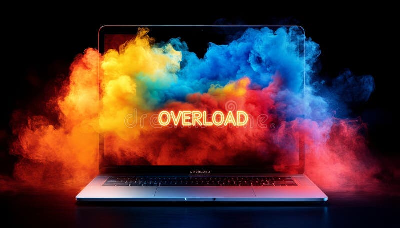 Laptop Computer with Colorful Smoke and Neon Overload Text on the ...