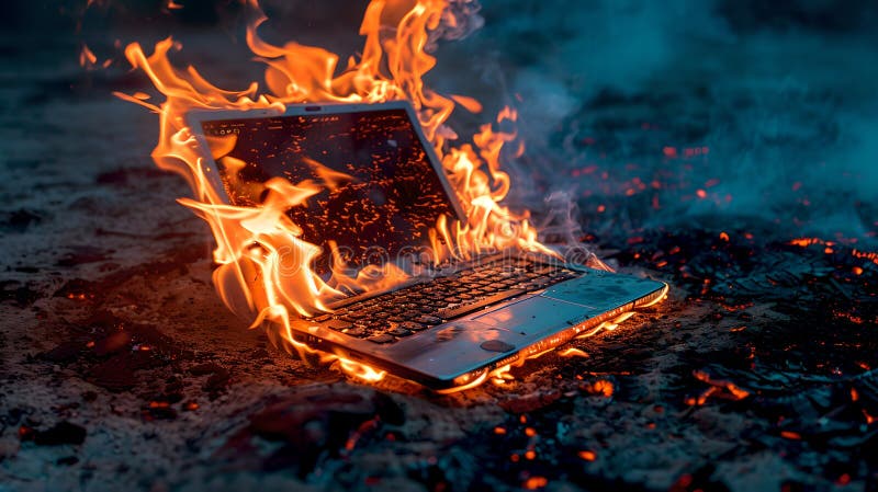 Dramatic Laptop Engulfed in Flames on a Dark Background, a Concept of ...