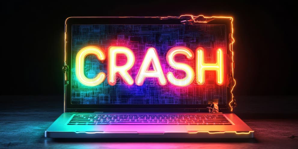 Laptop Computer Crashing with Neon Text, Technology Issues and System Failure Concept Stock ...