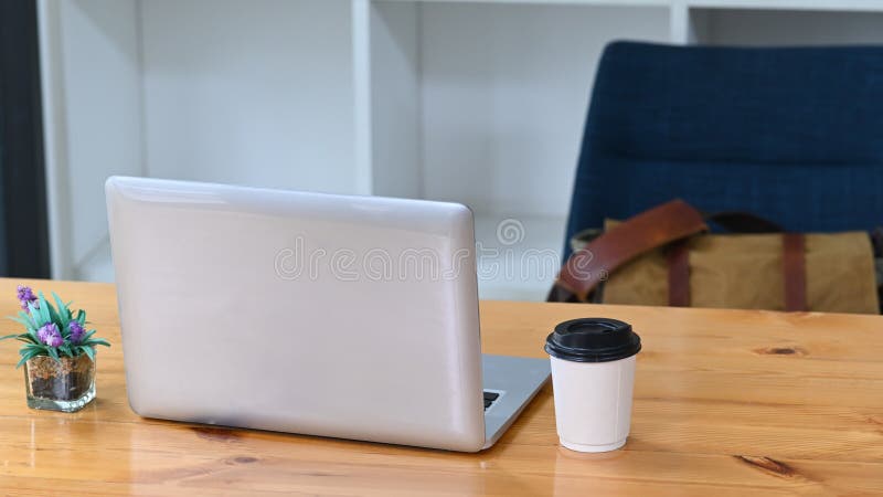 Laptop and Cup of Coffee on Office Desk. Stock Image - Image of mockup ...