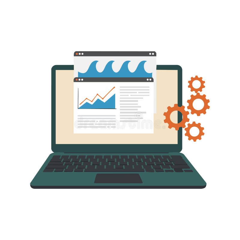 Laptop Computer with Data Analytics Charts and Gear Wheels Showing System Settings and ...