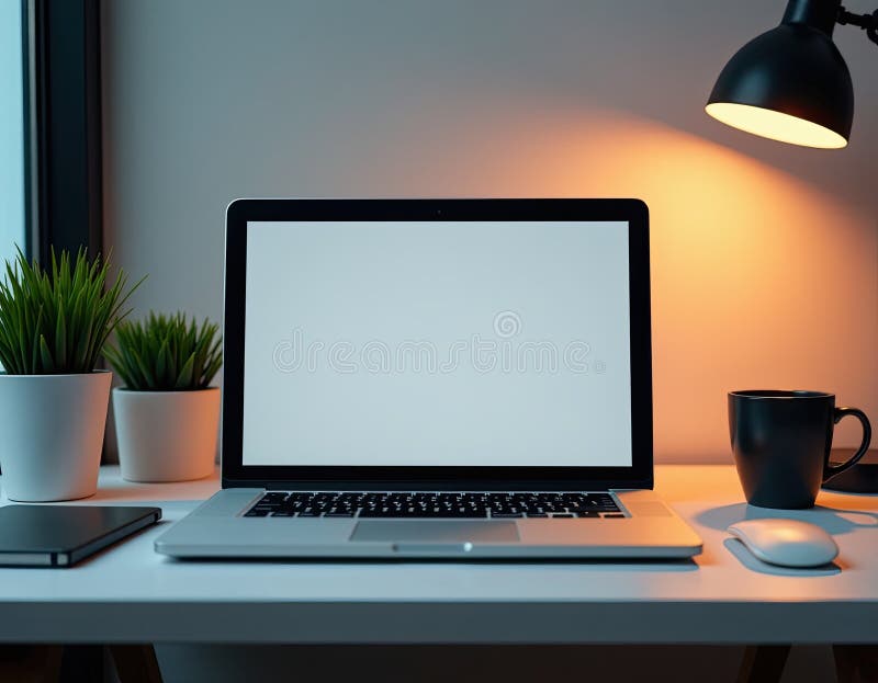 Laptop Computer on Desk with Blank Screen, Plants, and Coffee Cup at ...
