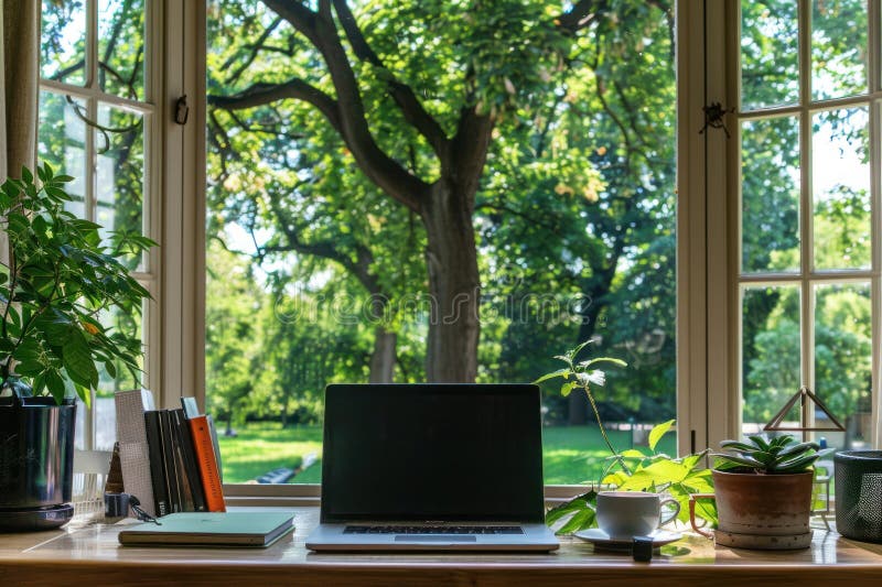 Laptop Computer on Desk in Front of Large Window Overviewing Lush Green ...