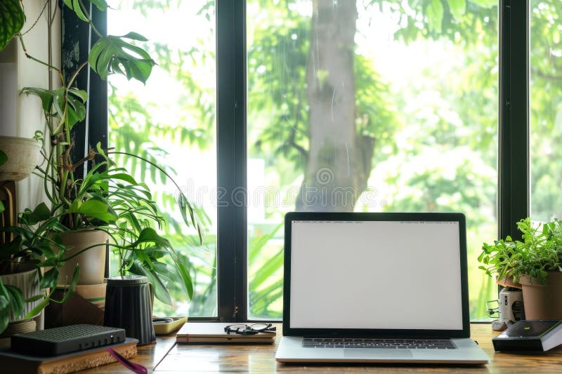 Laptop Computer on Desk in Front of Large Window Overviewing Lush Green ...