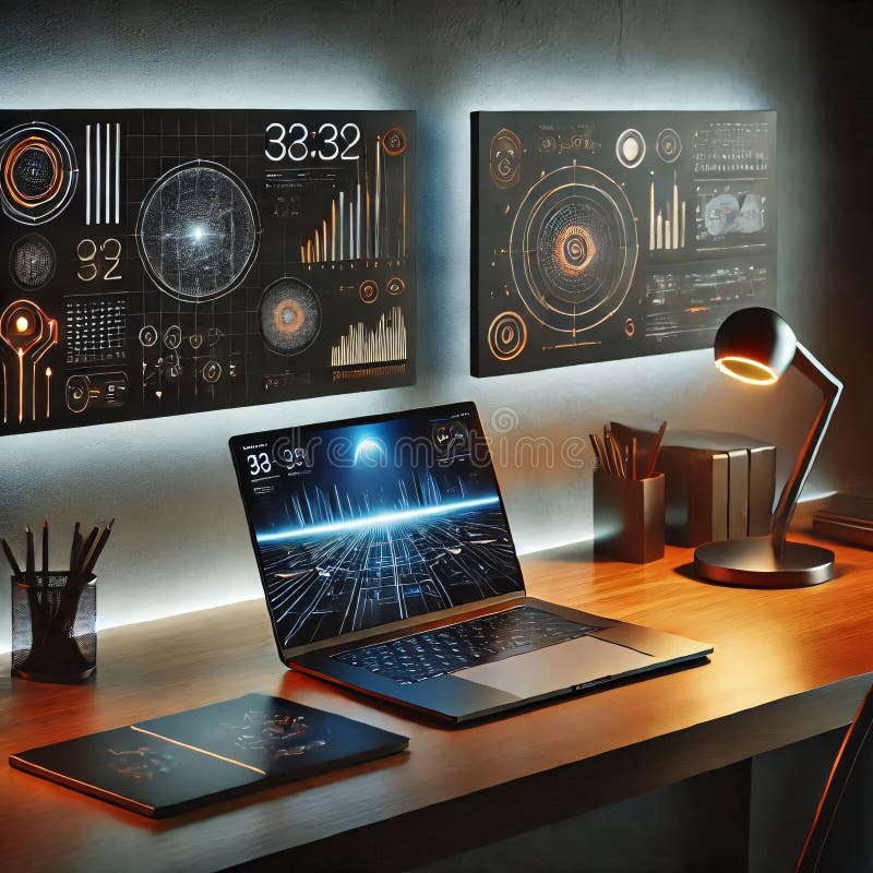 Laptop Computer on Desk with Lamp Generative for AI Stock Illustration - Illustration of ...