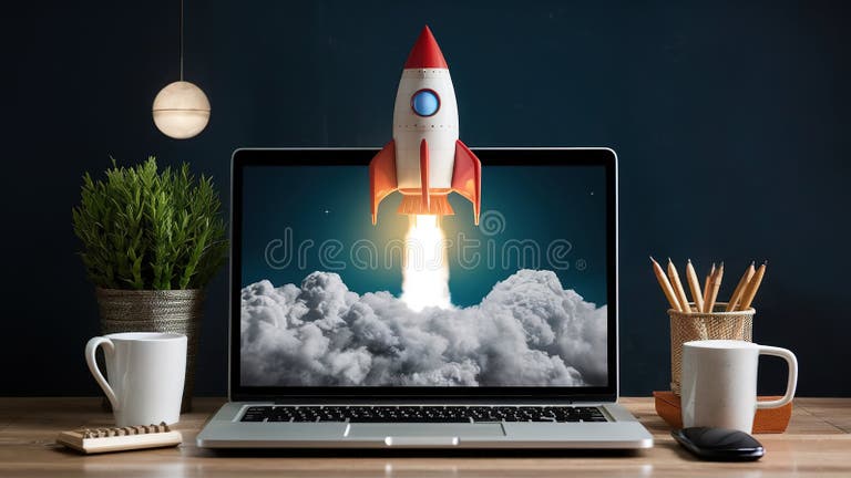 A Laptop Computer is on a Desk with a Red Rocket Flying Out of the ...