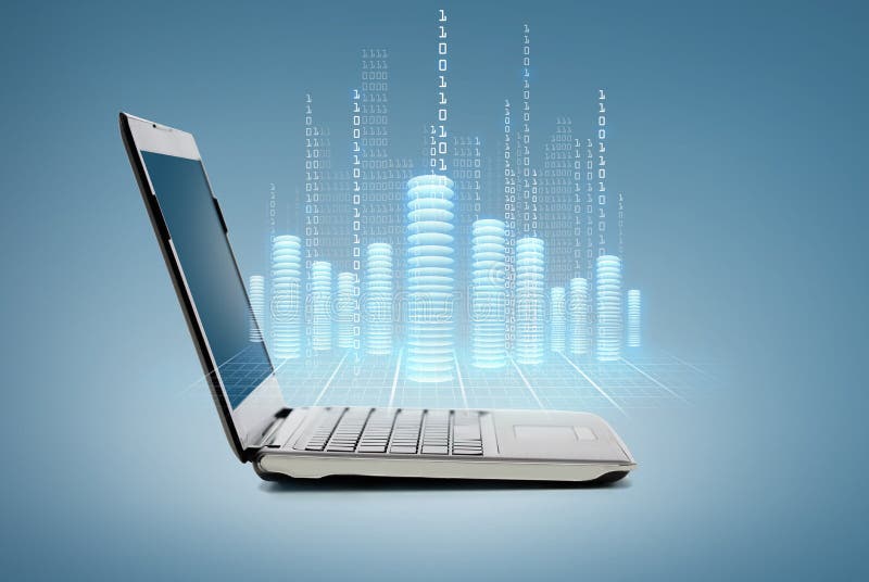 Laptop Computer with Digital Coins and Data Stock Illustration ...