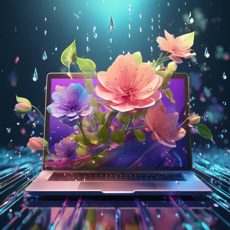A Laptop Computer Displaying Flowers Blooming from the Screen Stock ...