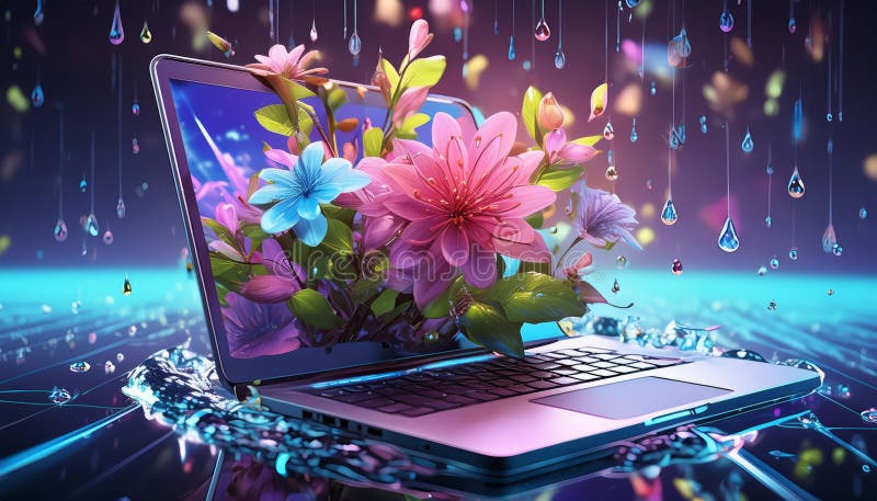 A Laptop Computer Displaying Flowers Blooming from the Screen Stock ...