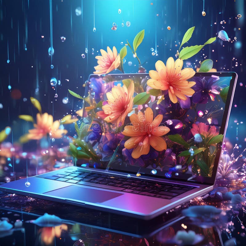 A Laptop Computer Displaying Flowers Blooming from the Screen Stock ...