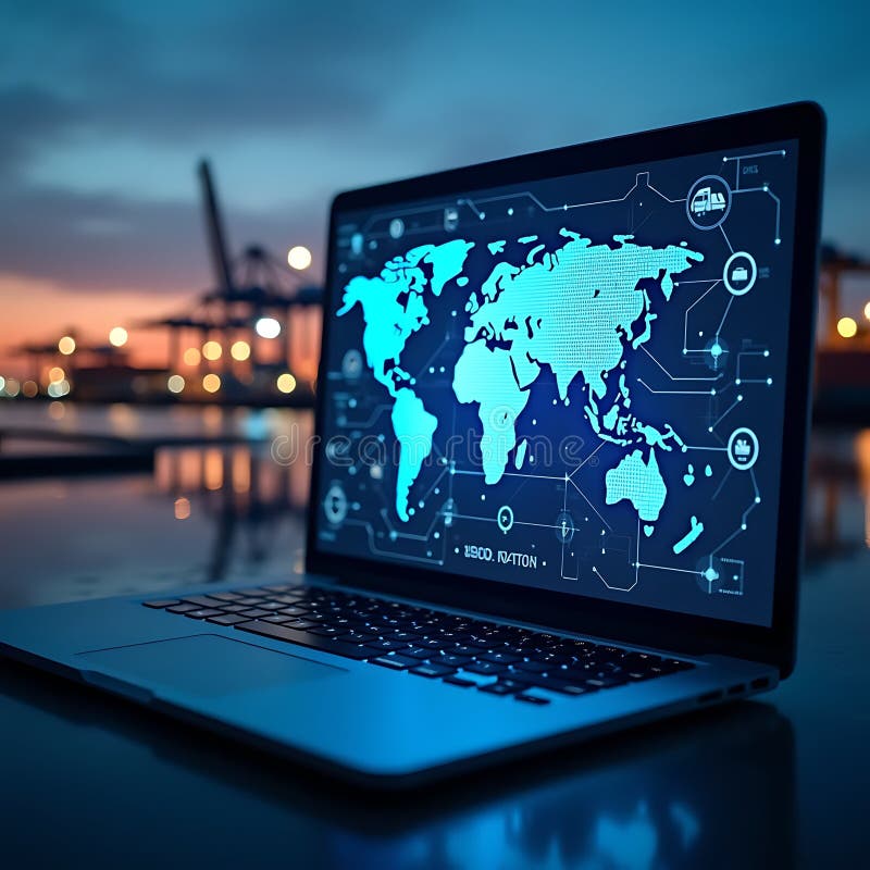 Global Logistics Tracking on Laptop at Night Stock Illustration ...