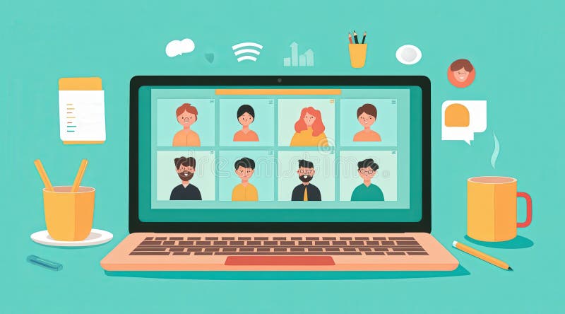 A Laptop Computer Displaying a Group of People on the Screen Stock ...