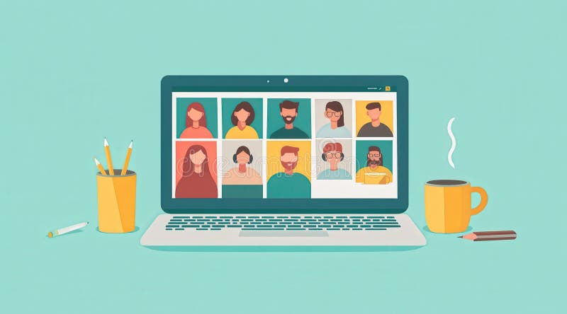 A Laptop Computer Displaying a Group of People on the Screen Stock ...