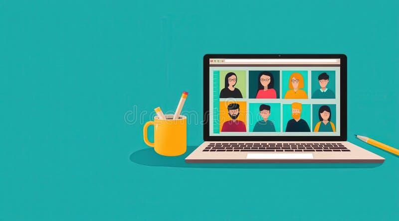 A Laptop Computer Displaying a Group of People on the Screen Stock ...