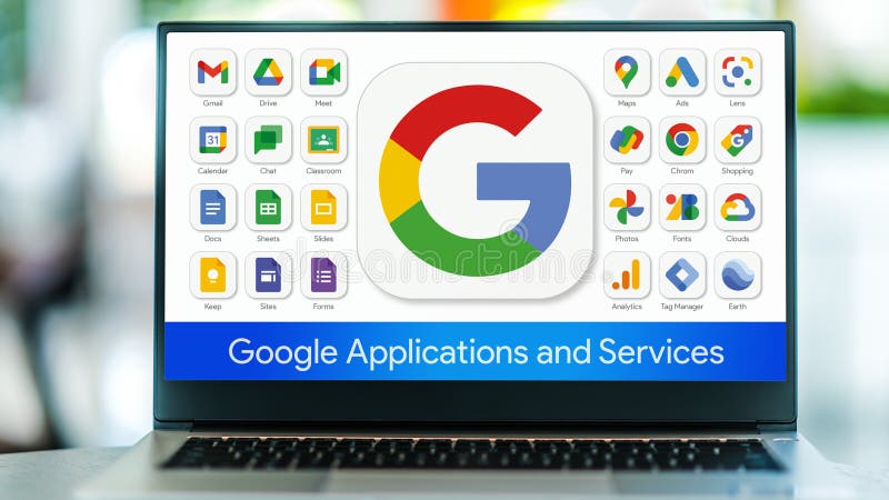 Laptop Computer Displaying Logos of Google Products Editorial Stock ...