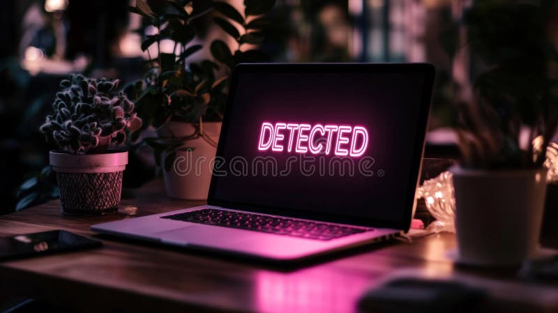 Laptop Computer Displaying Neon Text DETECTED on Dark Background, Cyber ...