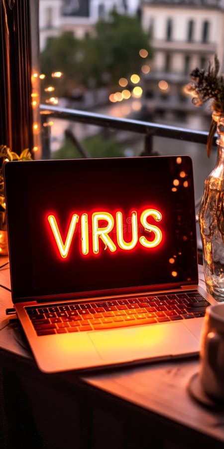 Laptop Computer Displaying Neon VIRUS Warning Sign on Orange Screen Background with Bokeh at ...