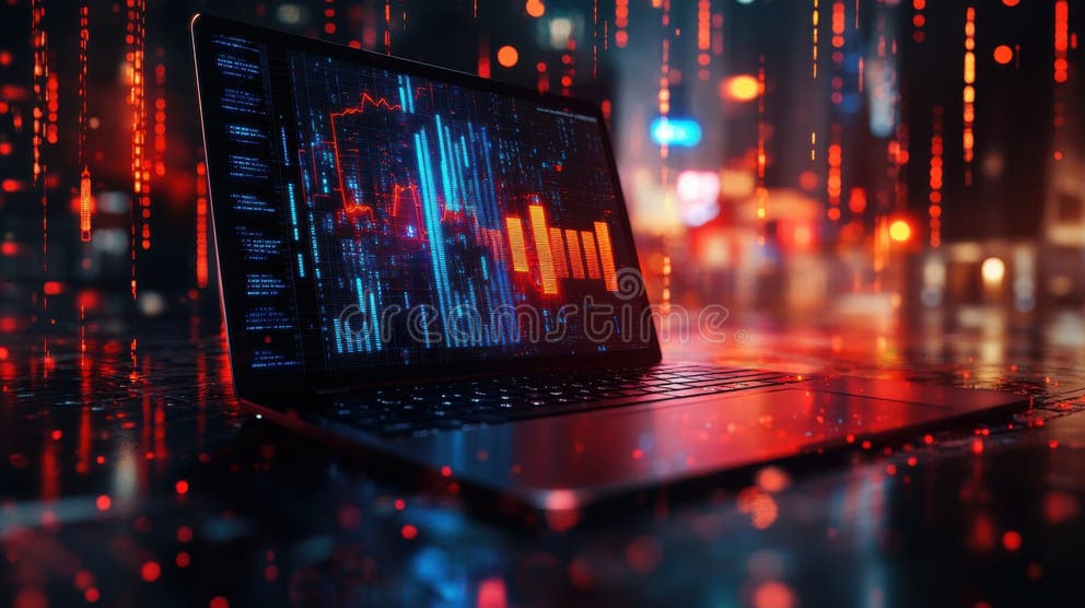 Laptop Computer Displaying Red and Blue Screen with Keyboard Visible in a Modern Workspace ...