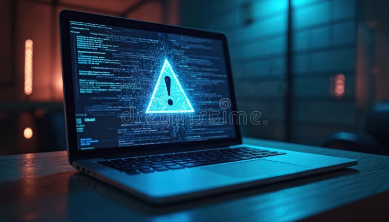 Laptop Computer Displays Hacking Warning Alert with Exclamation Mark ...