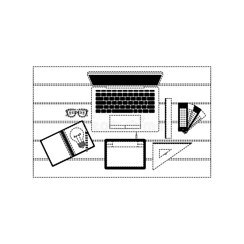Laptop Computer and Drawing Tools Over Desk on Top View in Black Dotted ...