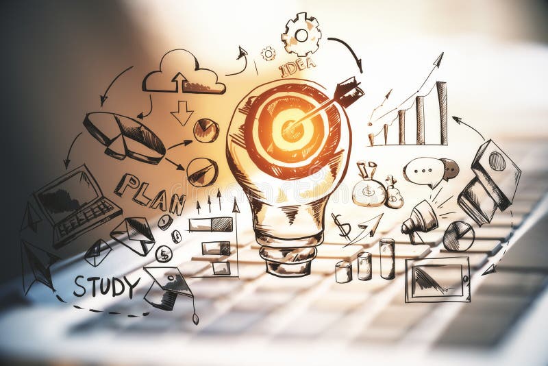 Laptop Computer with Drawing Charts and Target Lightbulb Stock Photo ...