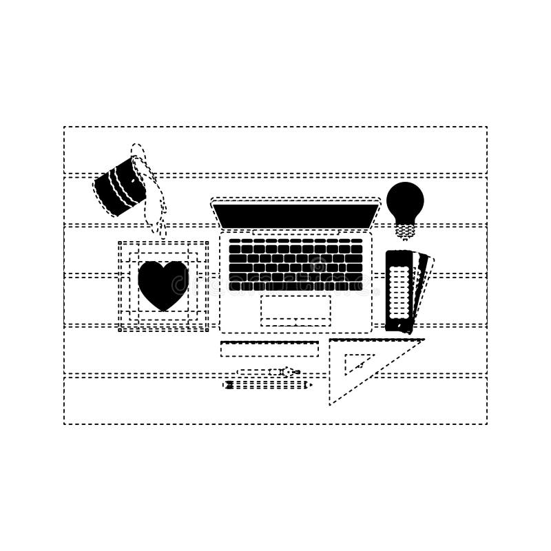 Laptop Computer and Drawing Tools Over Desk on Top View in Black Dotted ...