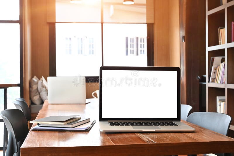 Laptop Computer Empty Screen on Wooden Table in Library Room Stock ...