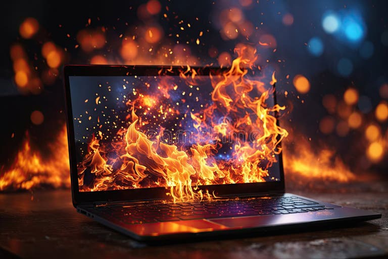 Laptop Computer Engulfed in Flames and Burning Stock Illustration ...