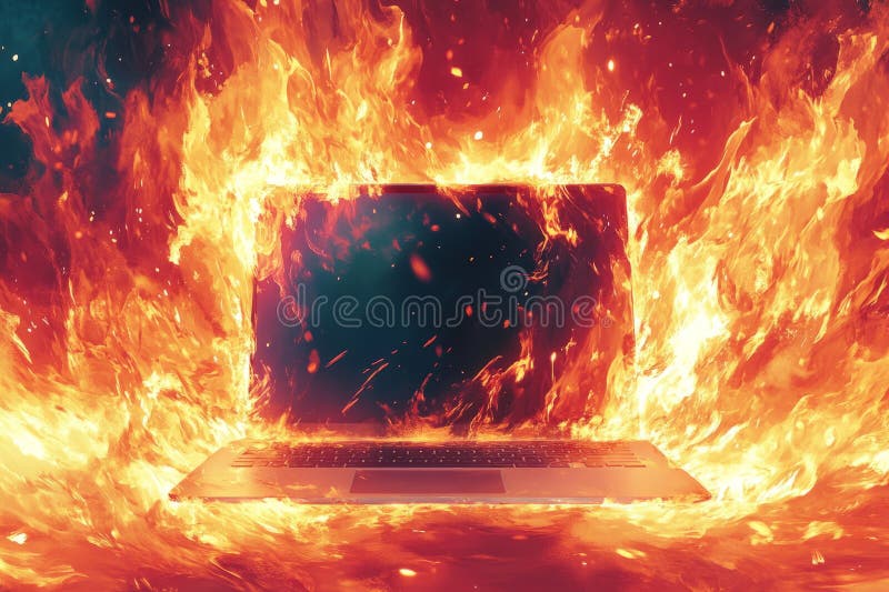 Laptop Computer Engulfed in Flames and Embers, Depicting Concepts Such ...