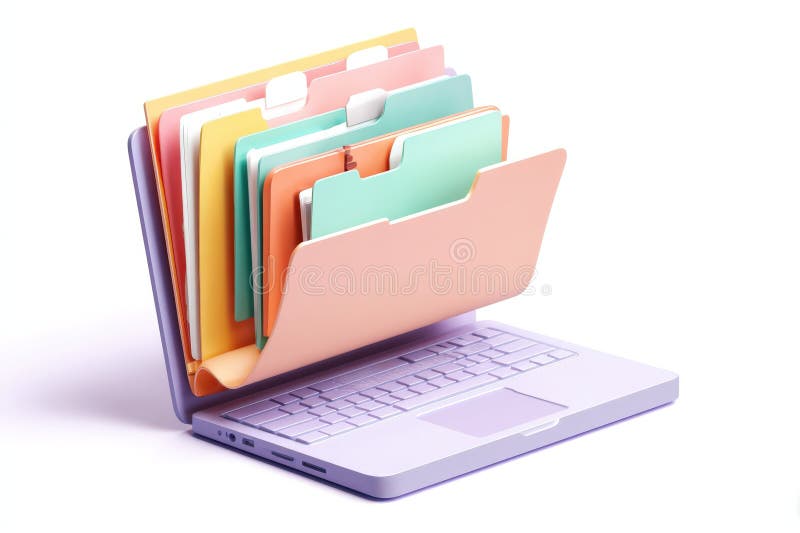 A Laptop Computer Featuring Numerous Folders Emerging from Its Screen ...