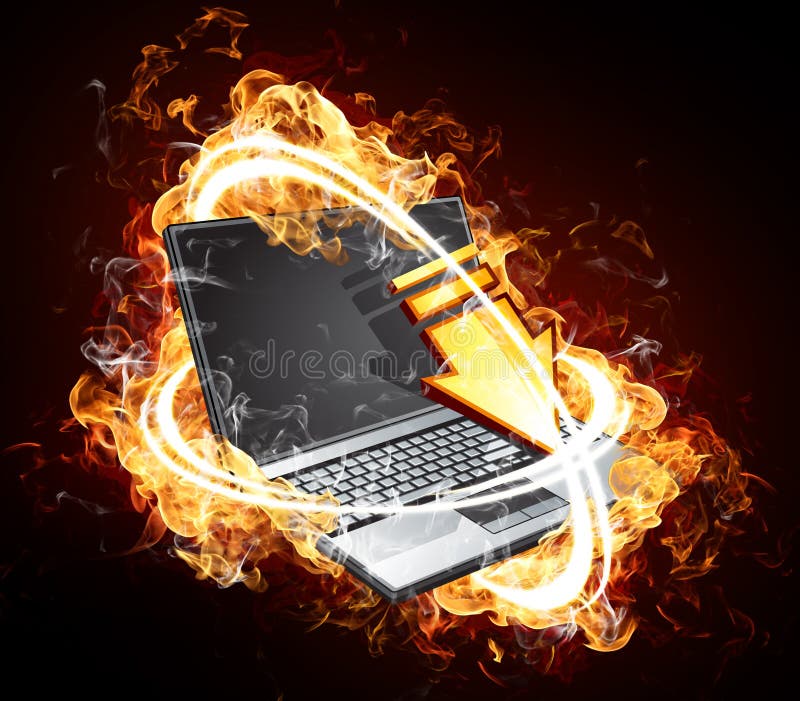 Laptop computer on fire stock illustration. Illustration of black ...