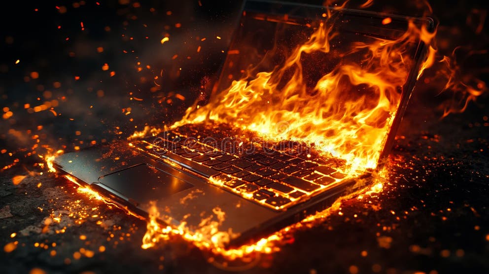 A Laptop Computer on Fire on a Black Background Stock Image - Image of ...