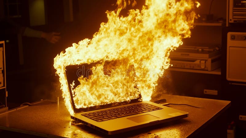 A Laptop Computer on Fire on a Table in a Dark Room Stock Photo - Image ...