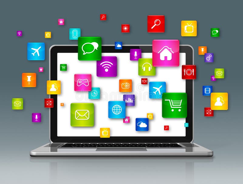 Desktop Computer and Flying Apps Icons Stock Illustration ...
