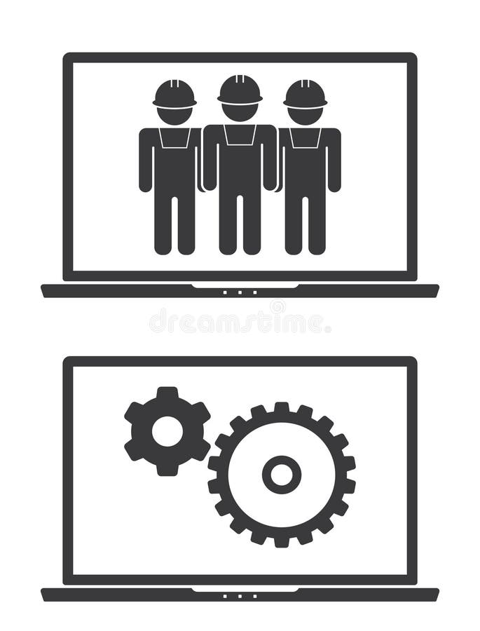 Laptop Computer with Gears and Workers Stock Vector - Illustration of ...