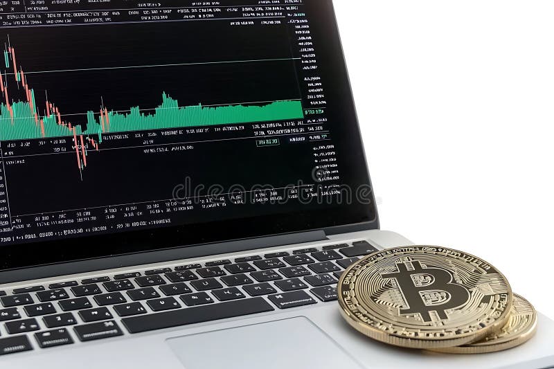 A Laptop Computer with a Graph on the Screen and Two Gold Coins on the ...