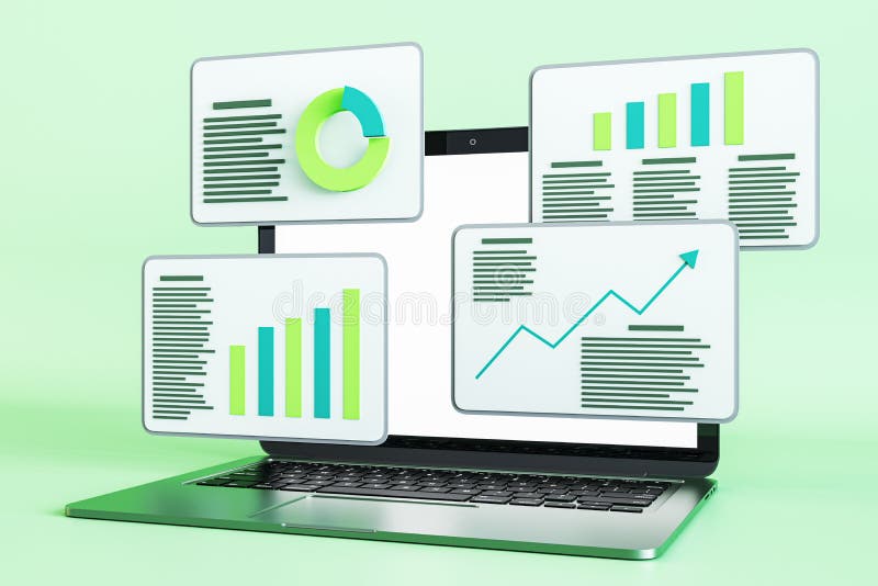 Laptop Computer on Green Background with Various Business Charts ...