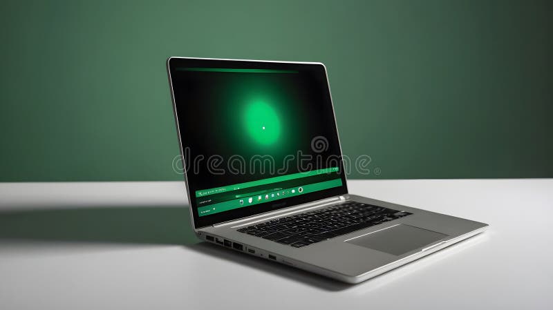 Laptop Computer with Green Laser Lock Screen on White Surface in Modern ...