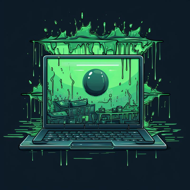 A Laptop Computer with a Green Liquid Dripping from the Screen Stock ...